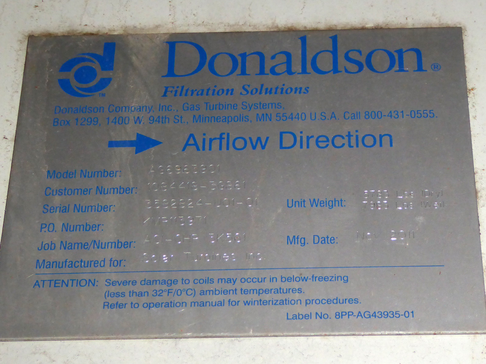 Used Donaldson Air Intake Filter for Taurus 70. Cogen Plant